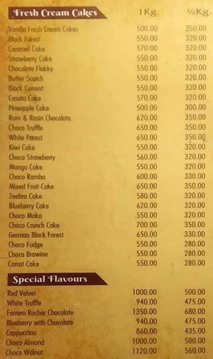 Menu of Choco Cakes, Porur, Chennai