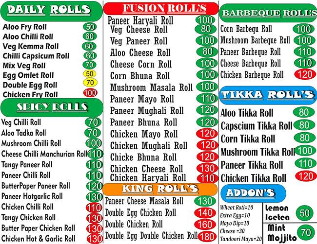 Menu of Rolls Paradise, Sinhgad Road, Pune