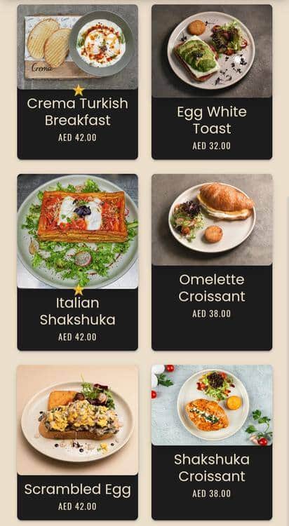 Menu of Crema, Al Khubeirah, Abu Dhabi