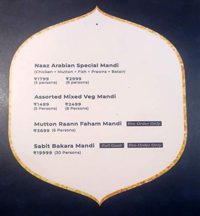 Menu of Naaz Mandi, Hitech City, Hyderabad