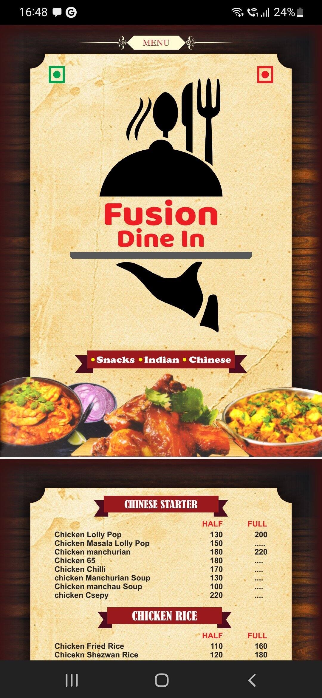 Menu of Fusion Dine In, Nerul, Navi Mumbai