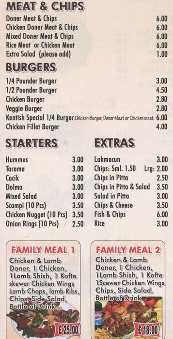 Menu at Best Kentish Kebab restaurant, London