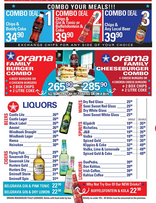 Menu at Orama Roadhouse restaurant, Boksburg