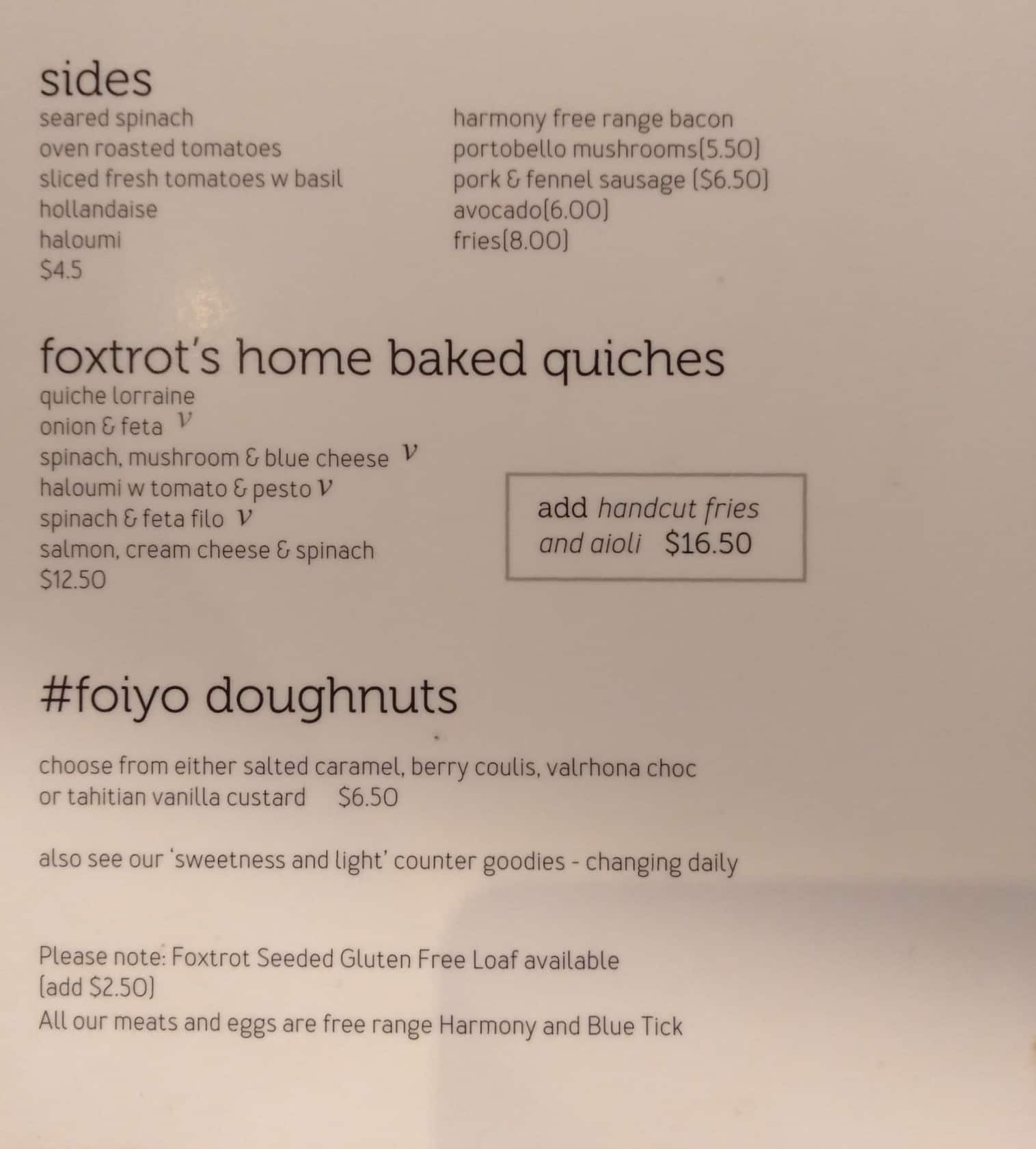 Menu at Foxtrot Parlour restaurant, Auckland