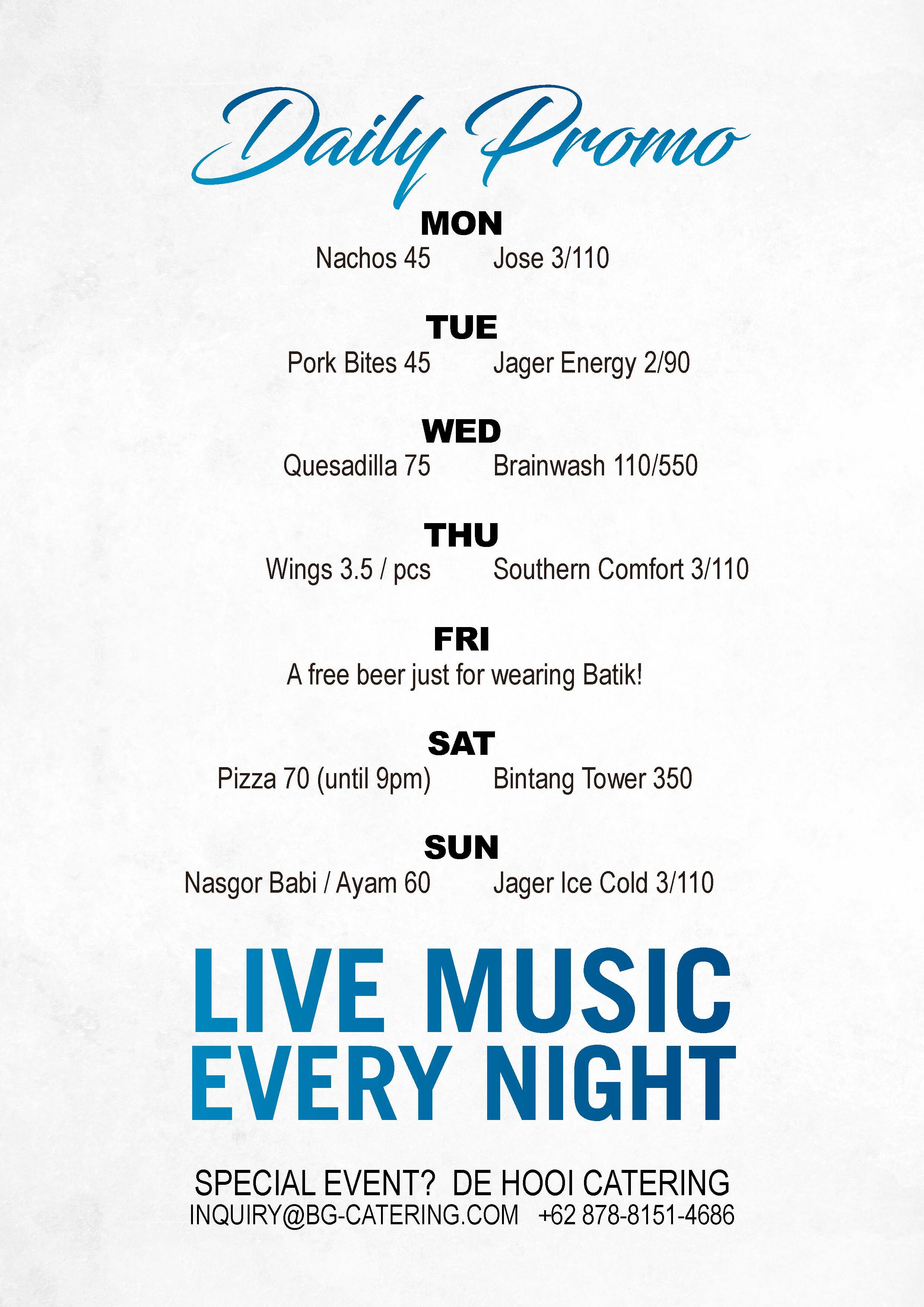 Menu at de Hooi pub & bar, Jakarta