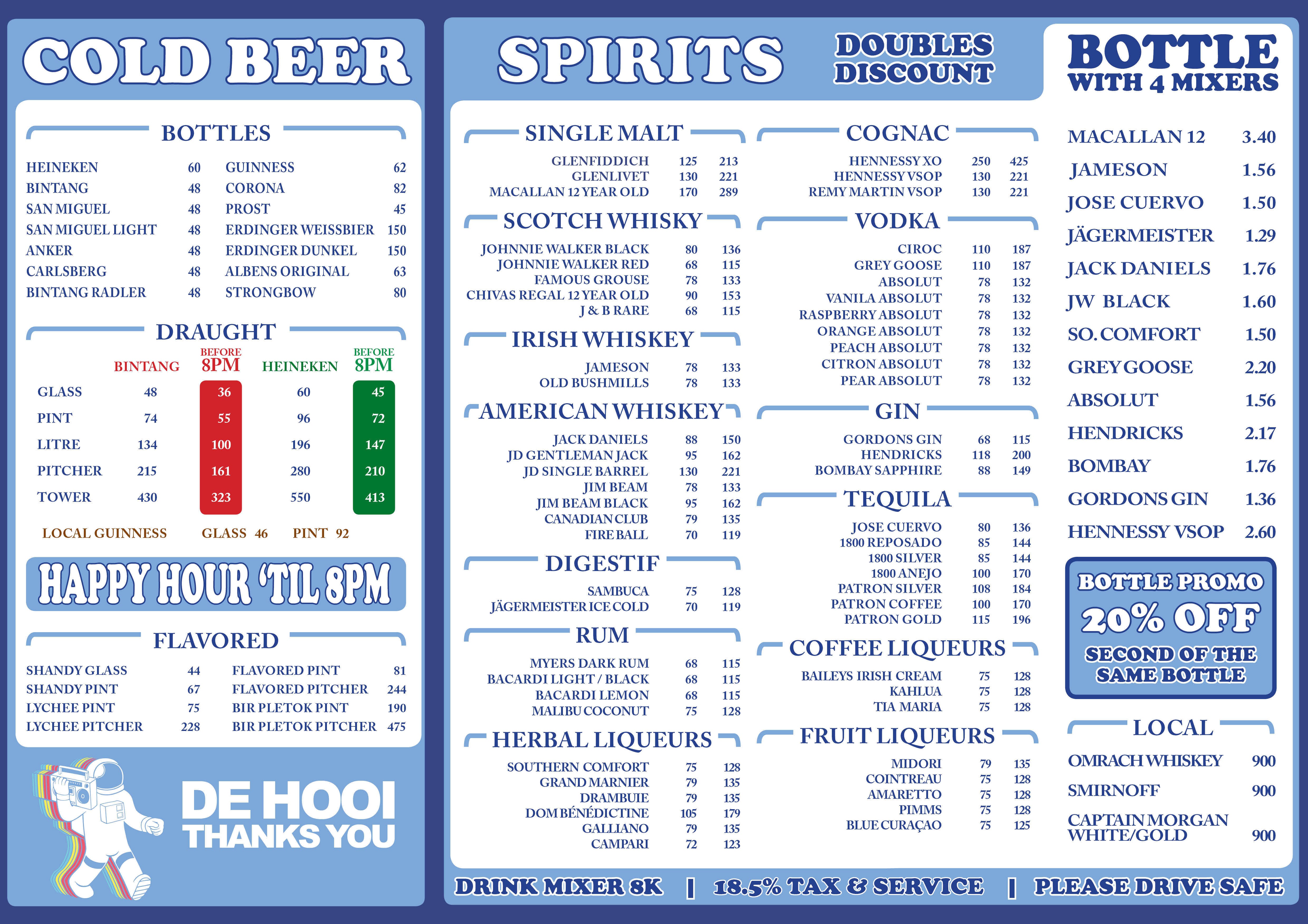 Menu at de Hooi pub & bar, Jakarta