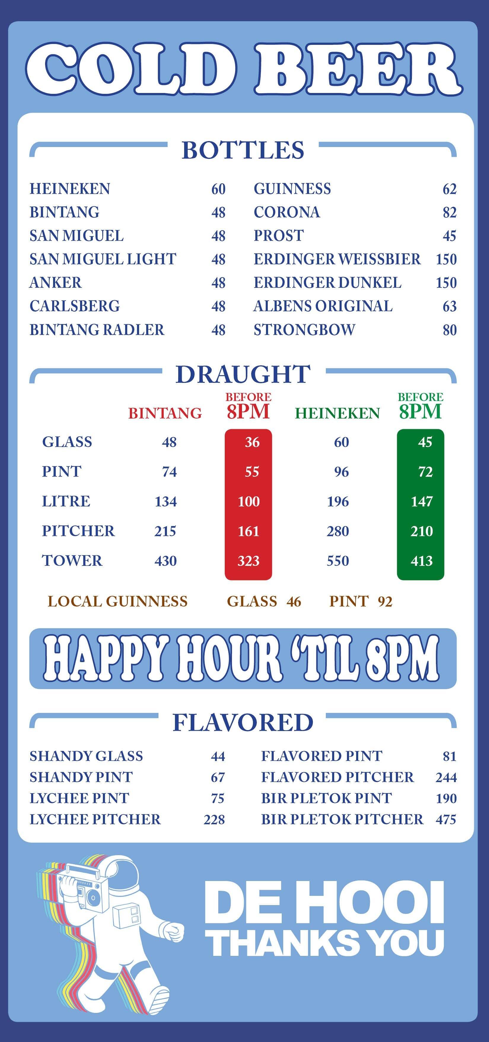 Menu at de Hooi pub & bar, Jakarta