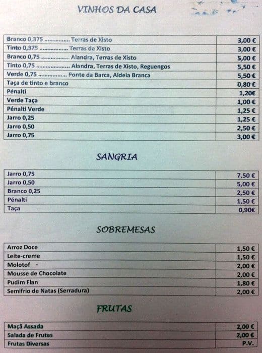 Menu at Pastelaria Meca cafe, Lisbon