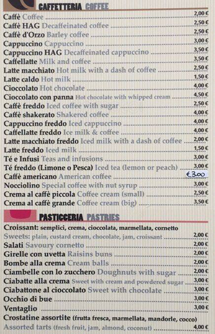Menu da Caffè Ripetta self-service, Roma, Via di Ripetta