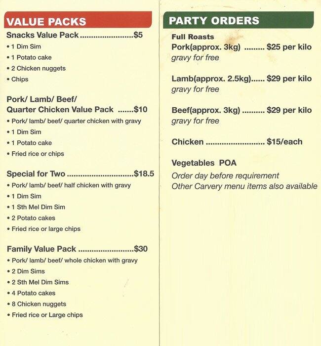 Menu at Gas Spit Roast Carvery fast food, Hawthorn