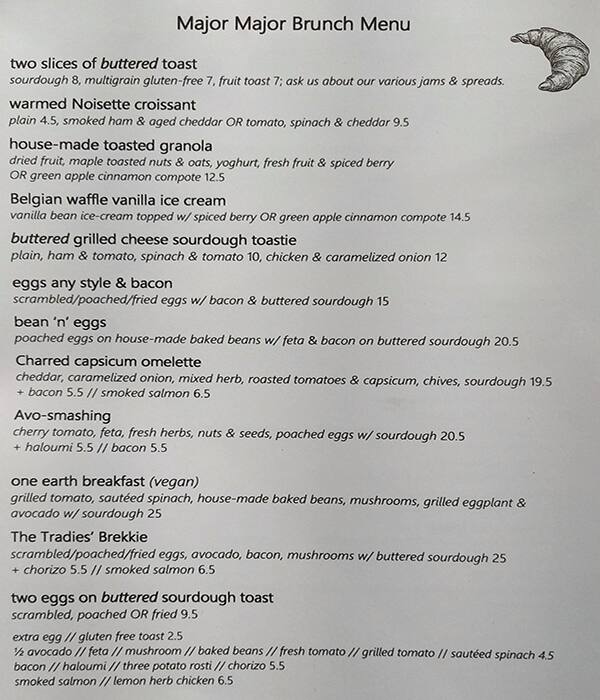 Menu at Major Major restaurant, Fitzroy