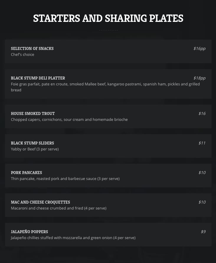 Menu at Black Stump Bistro restaurant, Mildura