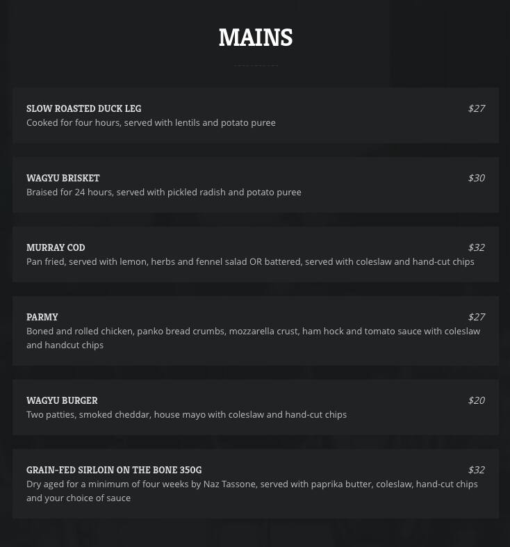 Menu at Black Stump Bistro restaurant, Mildura