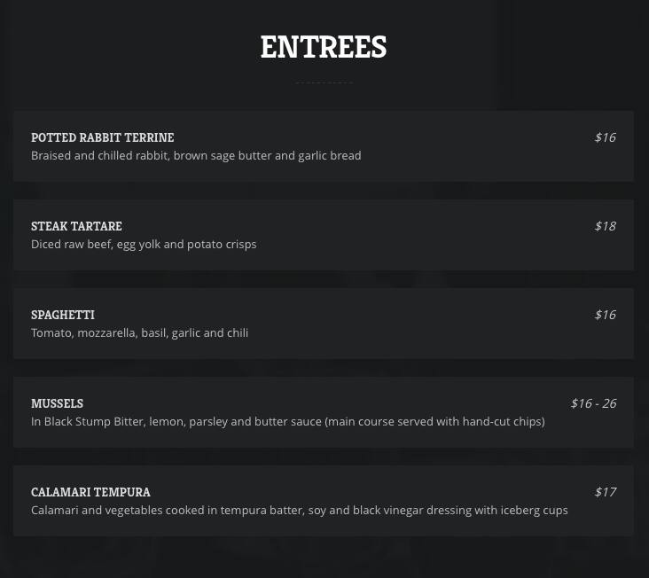 Menu at Black Stump Bistro restaurant, Mildura