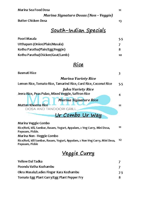 Menu au MARINA KULCHA & DOSA & WRAPS restaurant, Calgary
