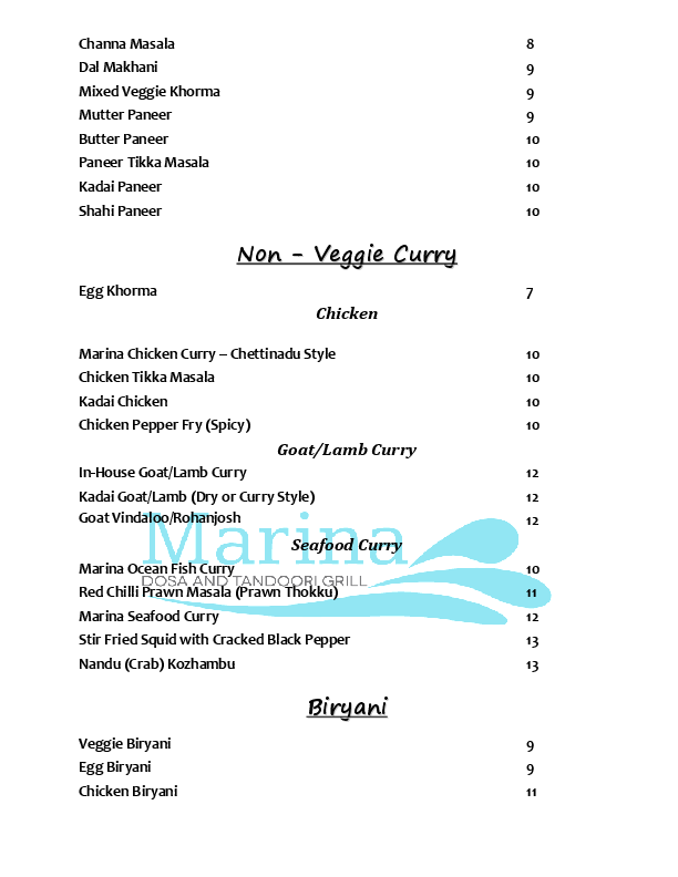 Menu au MARINA KULCHA & DOSA & WRAPS restaurant, Calgary
