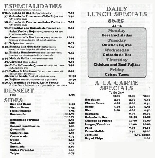 Menu at Tipico's restaurant, Carrollton