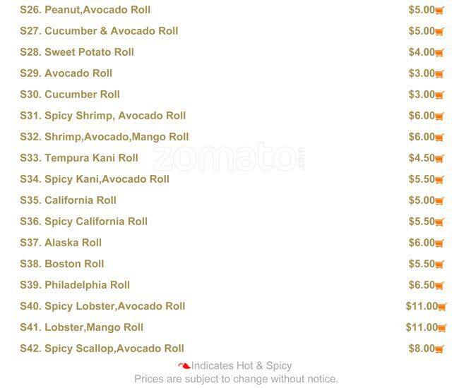 Menu at Shinbashi restaurant, Ellsworth