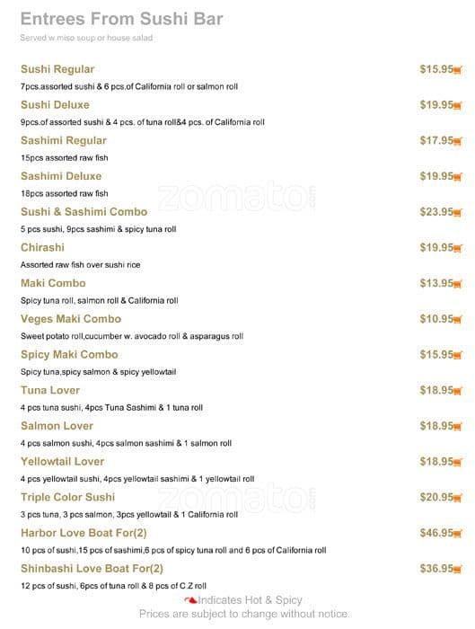 Menu at Shinbashi restaurant, Ellsworth