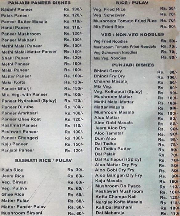 Menu of Punjabi Food, Nagawara, Bangalore