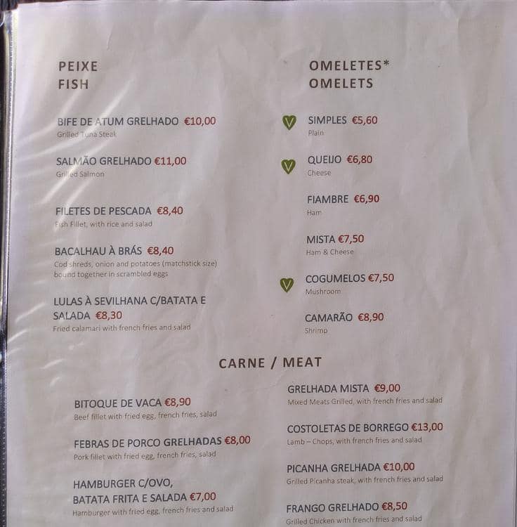 Menu em A Fonte café, Sagres