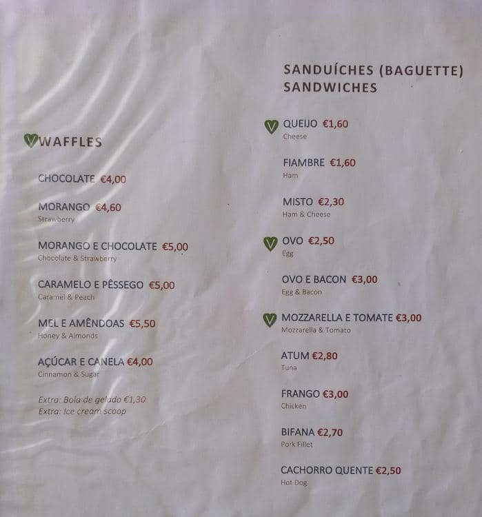 Menu em A Fonte café, Sagres