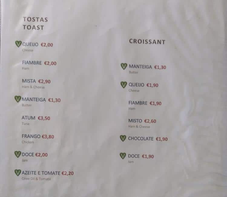 Menu em A Fonte café, Sagres