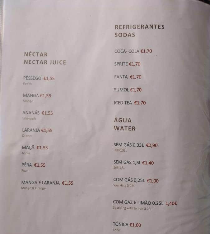 Menu em A Fonte café, Sagres