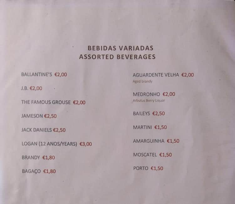 Menu em A Fonte café, Sagres
