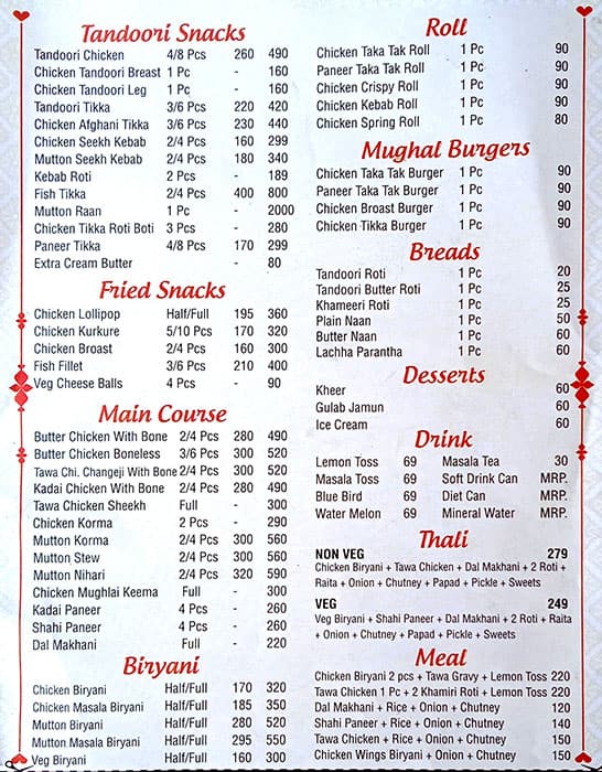 Menu of Nazeer Foods, Dilshad Garden, New Delhi