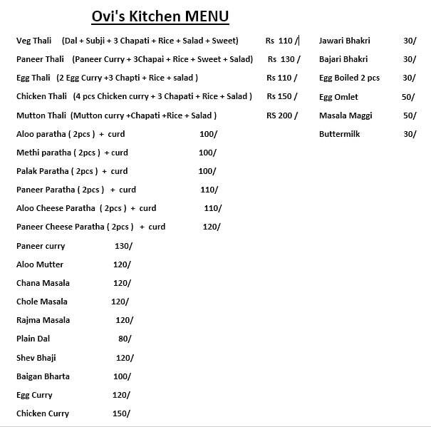 Menu of Ovi's Kitchen, Dhanori, Pune