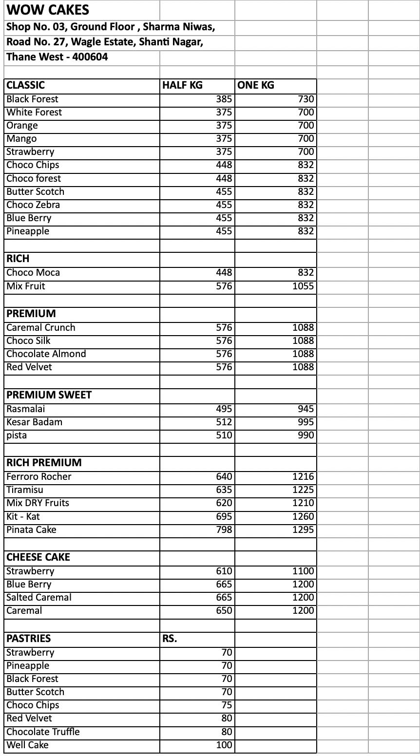 Menu of Wow Cakes, Wagle Estate, Thane West, Thane
