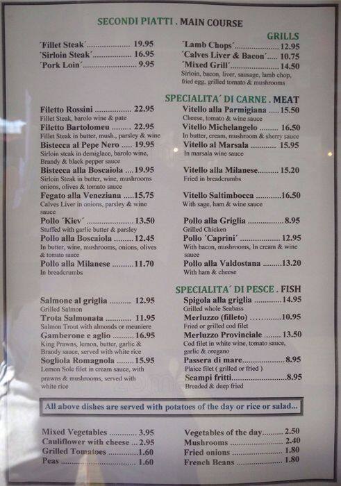 Menu at Caprini restaurant, London