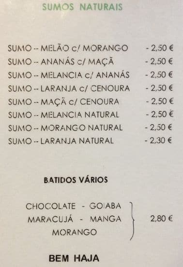 Menu at Astro cafe, Lisbon