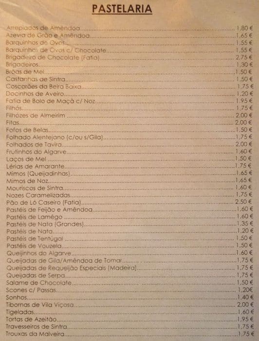 Menu at Astro cafe, Lisbon