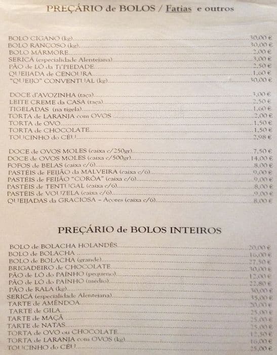 Menu at Astro cafe, Lisbon