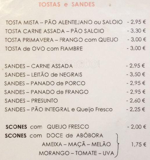Menu at Astro cafe, Lisbon