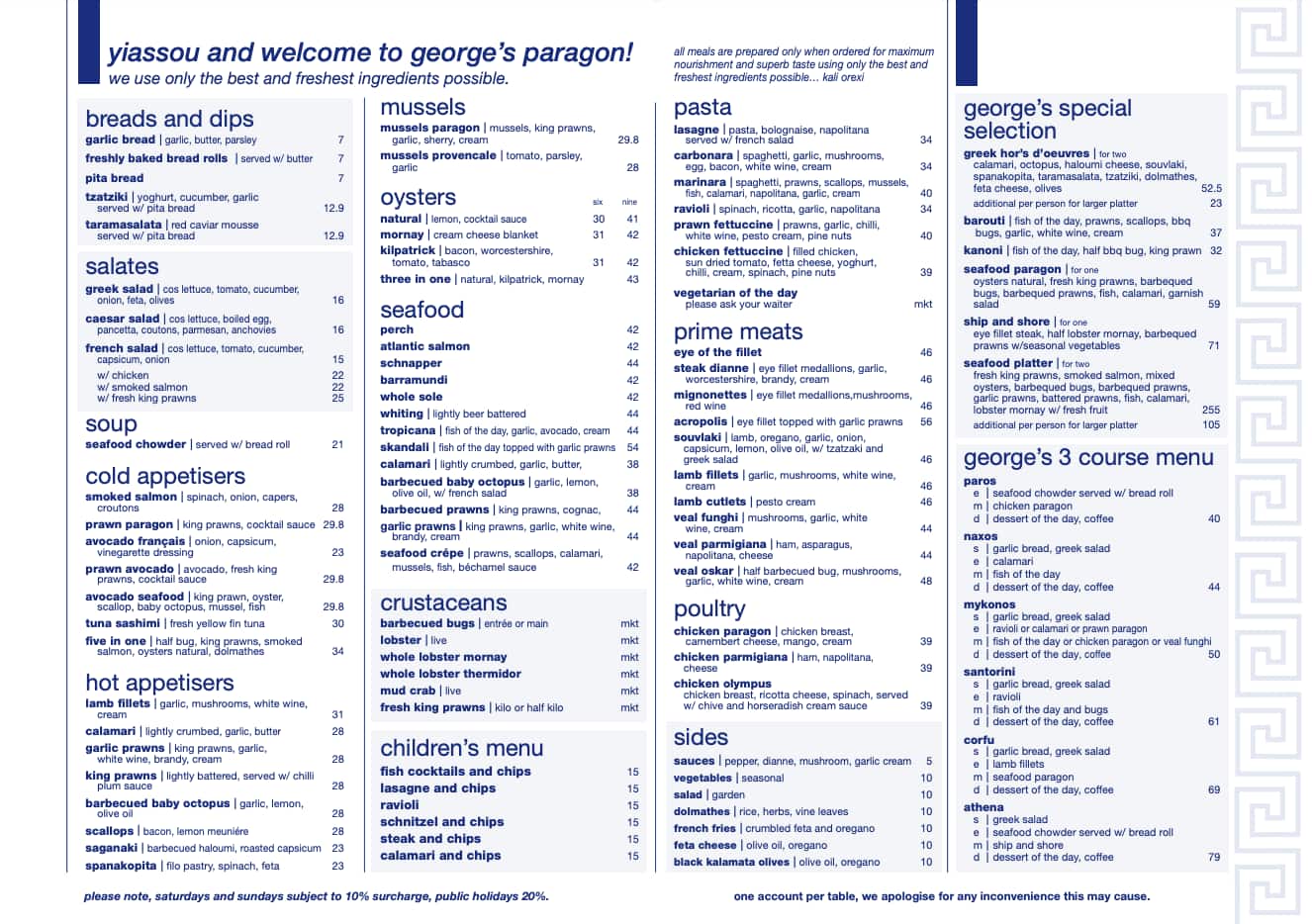 Menu at George's Paragon restaurant, Brisbane City