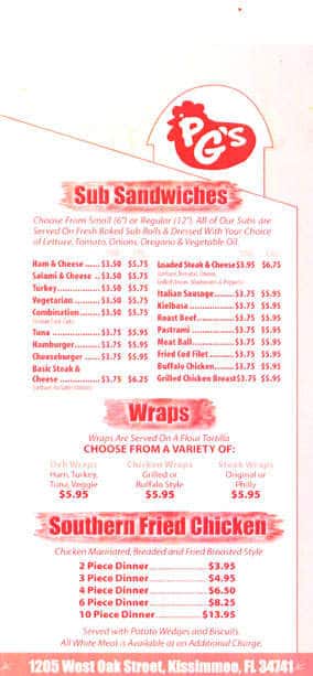 Menu at P G's Wings & More restaurant, Kissimmee