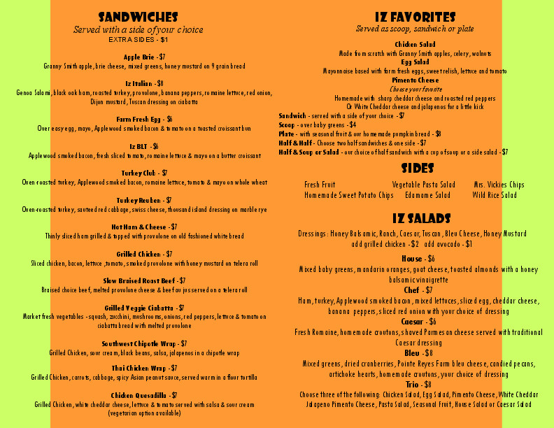 Menu at Iz Cafe, Birmingham, Cahaba Rd