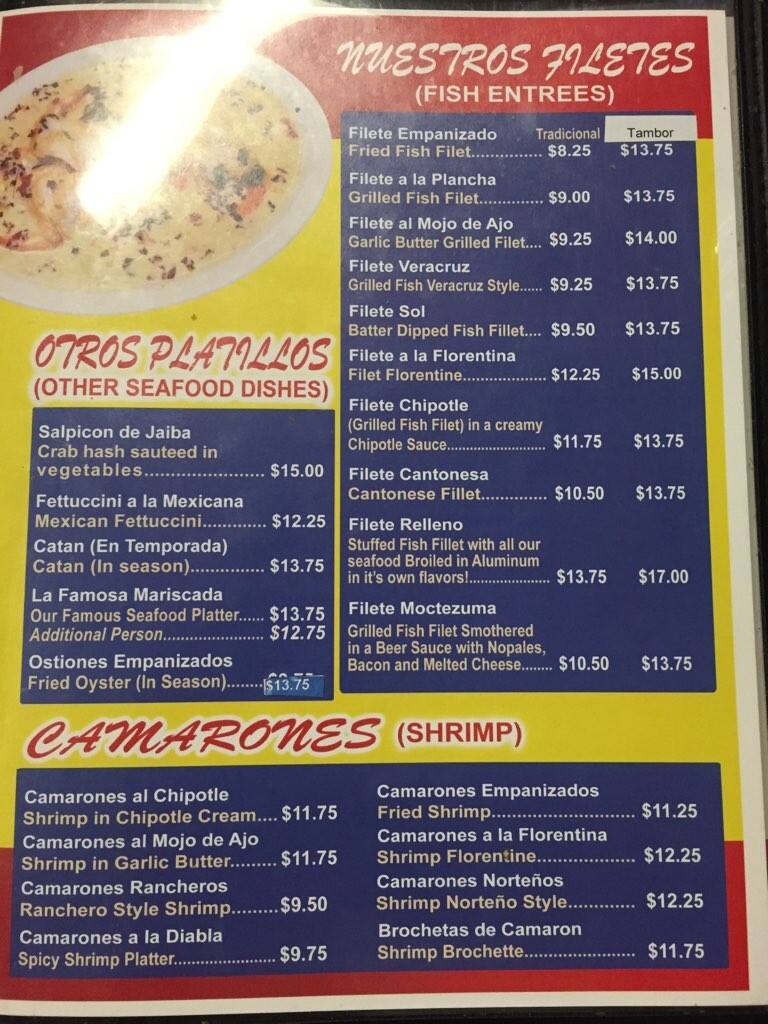 Carta del restaurante Mariscos De La Rosa, Brownsville, Padre Island Hwy