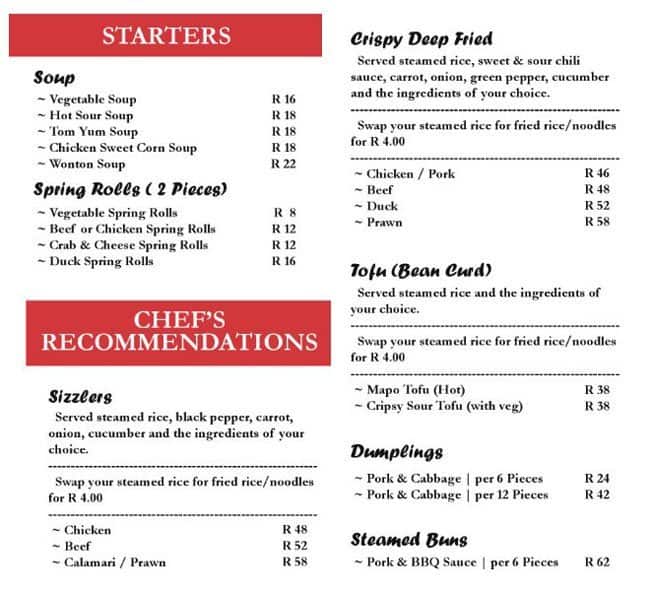 Menu at Dala Mala Asian Cuisine & Sushi Bar, Bloemfontein, Shop 9