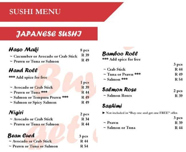 Menu at Dala Mala Asian Cuisine & Sushi Bar, Bloemfontein, Shop 9