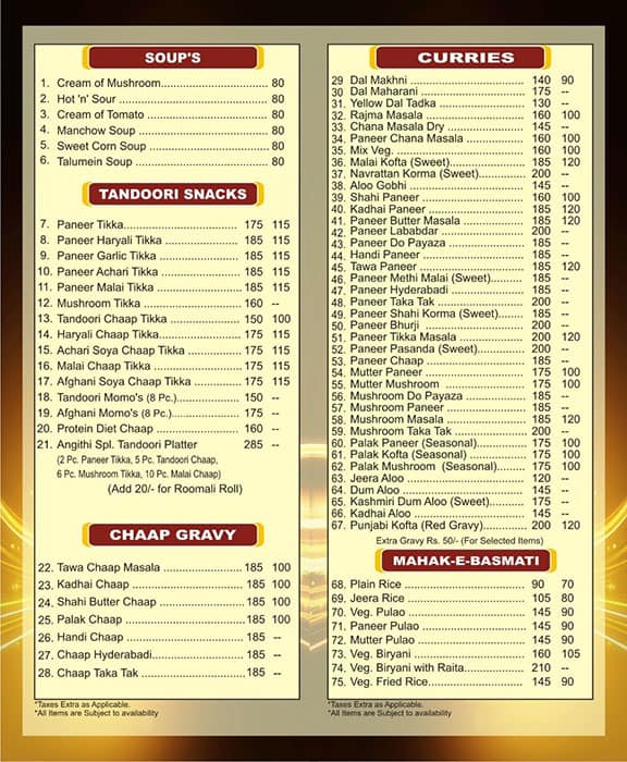 Menu of Angithi, Azadpur, New Delhi