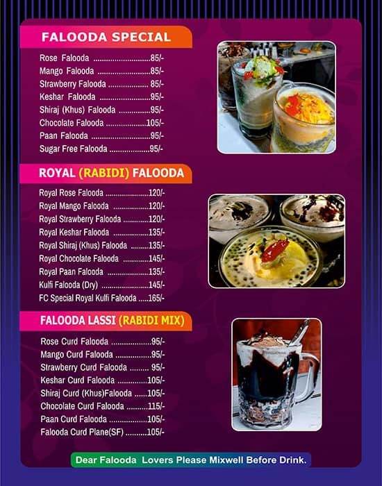 Menu at Falooda Corner, Bhubaneswar