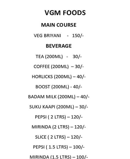 Menu of VGM Foods, Kolathur, Chennai