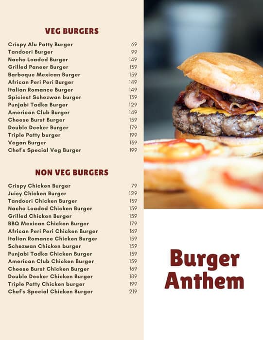 Menu of Burger Anthem, Indirapuram, Ghaziabad