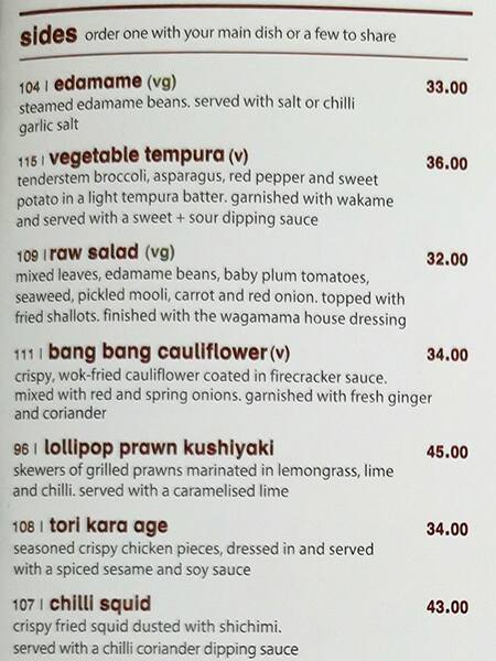 Menu at Wagamama restaurant, Dubai, Golden Mile 1 Building 3