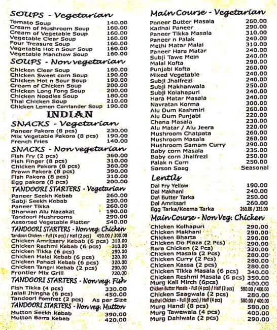 Menu of Mehak-e-Punjab, Chinar Park, Kolkata