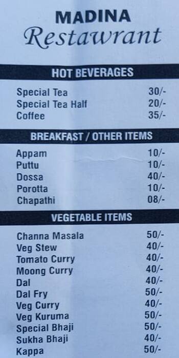 Menu of Madina, Mahim, Mumbai